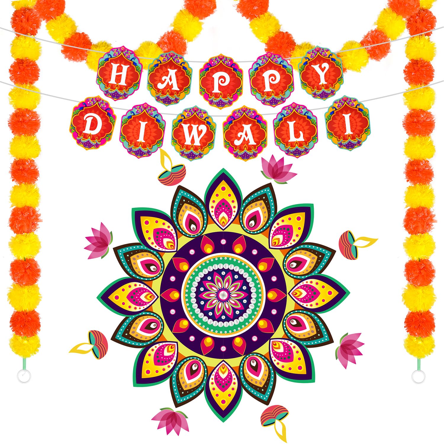 MOVINPE Diwali Decorations Set for Home, Rangoli Stickers For Floor Entrance Wall Porch Marigold Garland Happy Diwali Banner Indian Diwali Diyas Rangoli Decoration