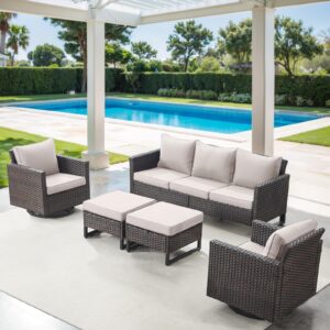 artfurniz 5 piece wicker patio furniture set - outdoor swivel rocker chairs set with 3 seat sofa and ottomans, small patio conversation sets proch furniture for balcony deck - brown/beige