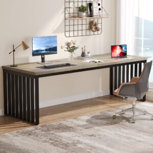 tribesigns 78.74" extra long computer desk 2 person desk, double long desk with heavy duty metal frame, double workstation study desk for home office, brown (without chair) (gray & black)