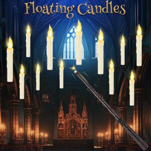 halloween decorations, floating candles with wand, 12 pcs magic candles with hole for hanging, flickering flameless led candles, witch wizard halloween christmas decor for home room church party