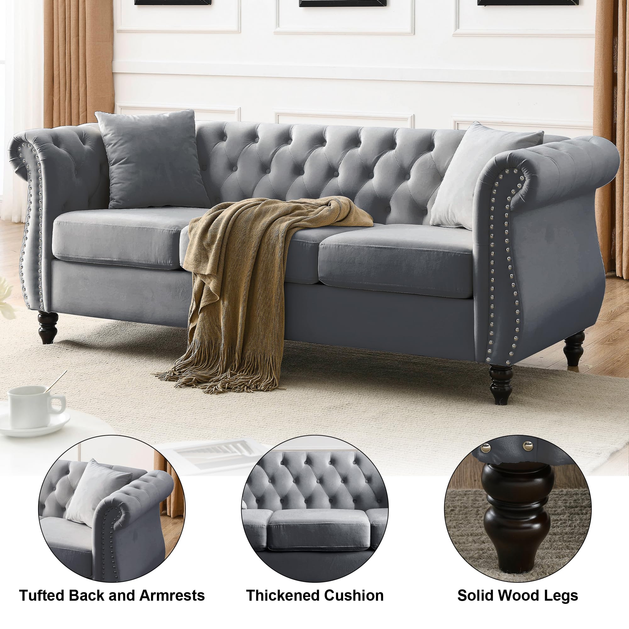 ATUMON 2 Piece Chesterfield Velvet 80“ 3-Seater and 59" Loveseat Sofa Set,Tufted Couch with 4 Pillows,Rolled Arms and Nailhead for Living Room, Bedroom, Office Grey