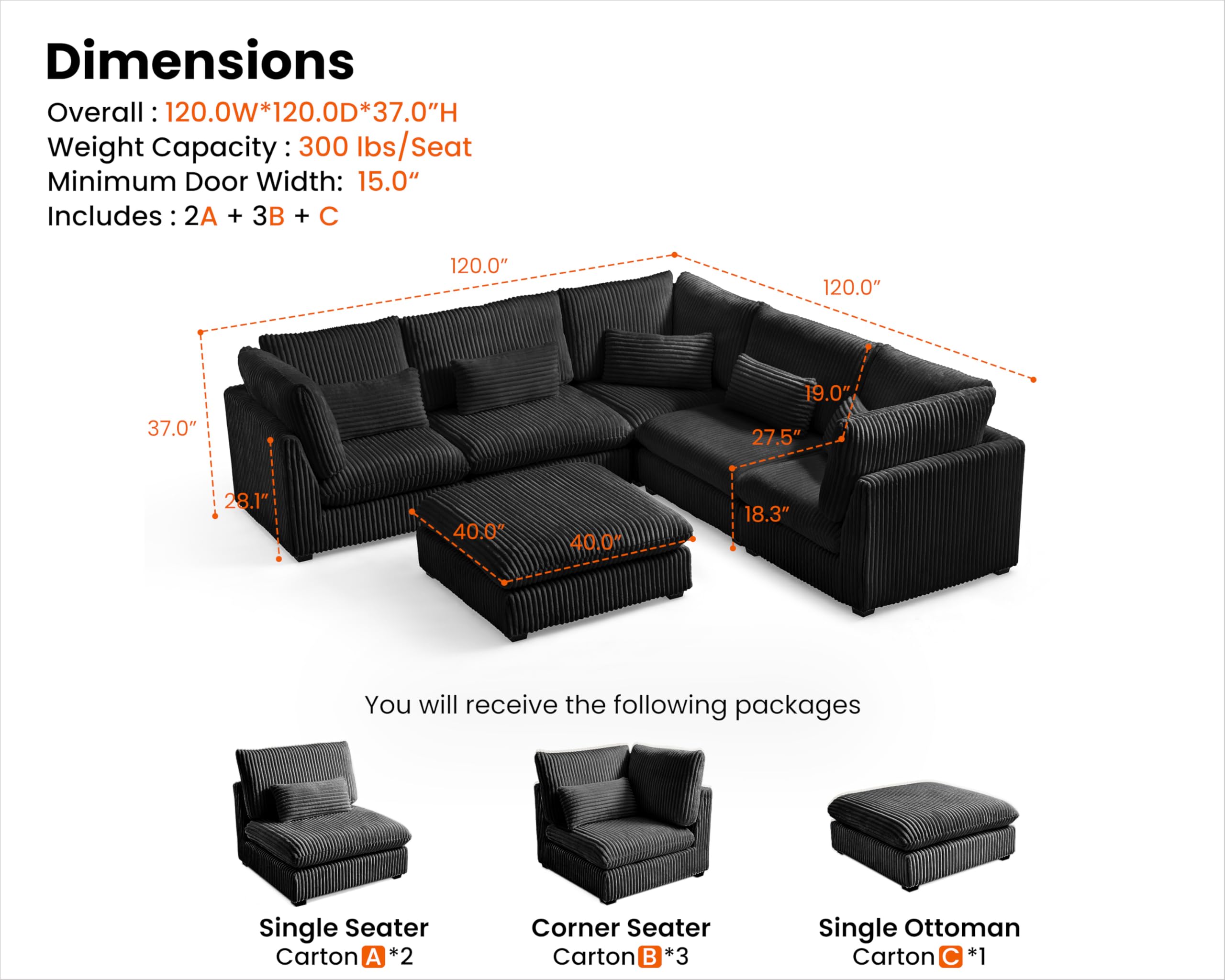 Cloud Oversized Modular Sofa, 120" Corduroy Wide Seat Sectional with Reversible Chaise, Shaped Couches Modern Comfy Fluffy Cushion Sleeper Sofa Bed with Convertible Ottoman for Living Room 5 Seater