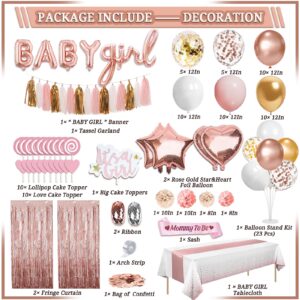 LFSTGN 277 Pcs Baby Shower Decorations for Girl, Rose Gold Baby Shower Decor Supplies - "BABY girl" Banner, Tassel, Balloon, Tableware with Rose Gold Floral for 25 Guests