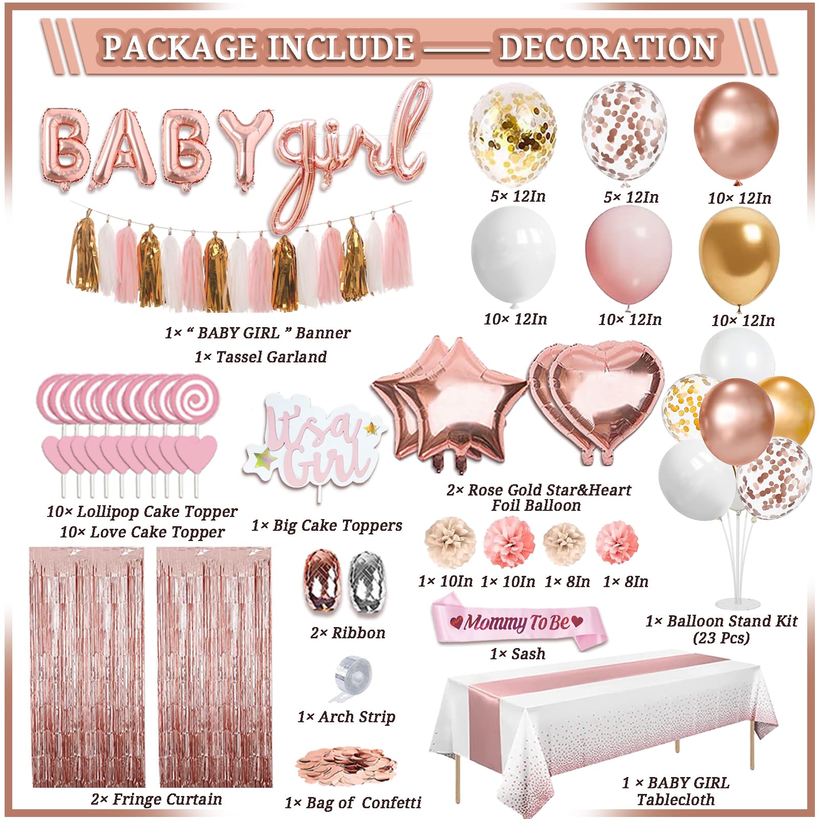 LFSTGN 277 Pcs Baby Shower Decorations for Girl, Rose Gold Baby Shower Decor Supplies - "BABY girl" Banner, Tassel, Balloon, Tableware with Rose Gold Floral for 25 Guests