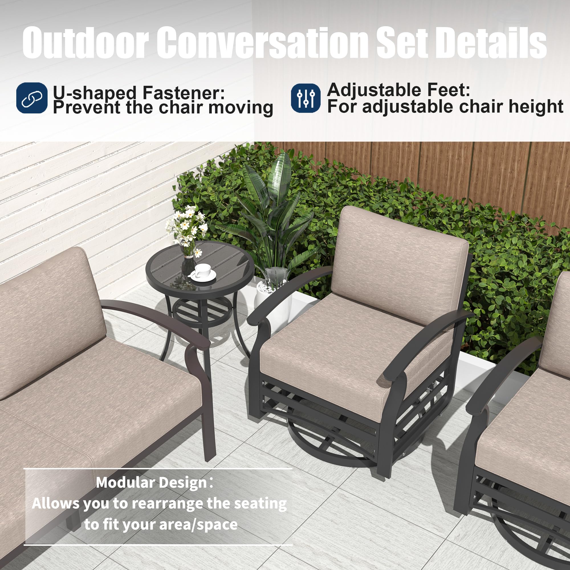 Rwnnad Patio Furniture Set 7-Piece Aluminum SectionalSofa Modern Outdoor Conversation Set 10 Seats, Outdoor Swivel Rocking Chairs with Thick Cushion, Sand