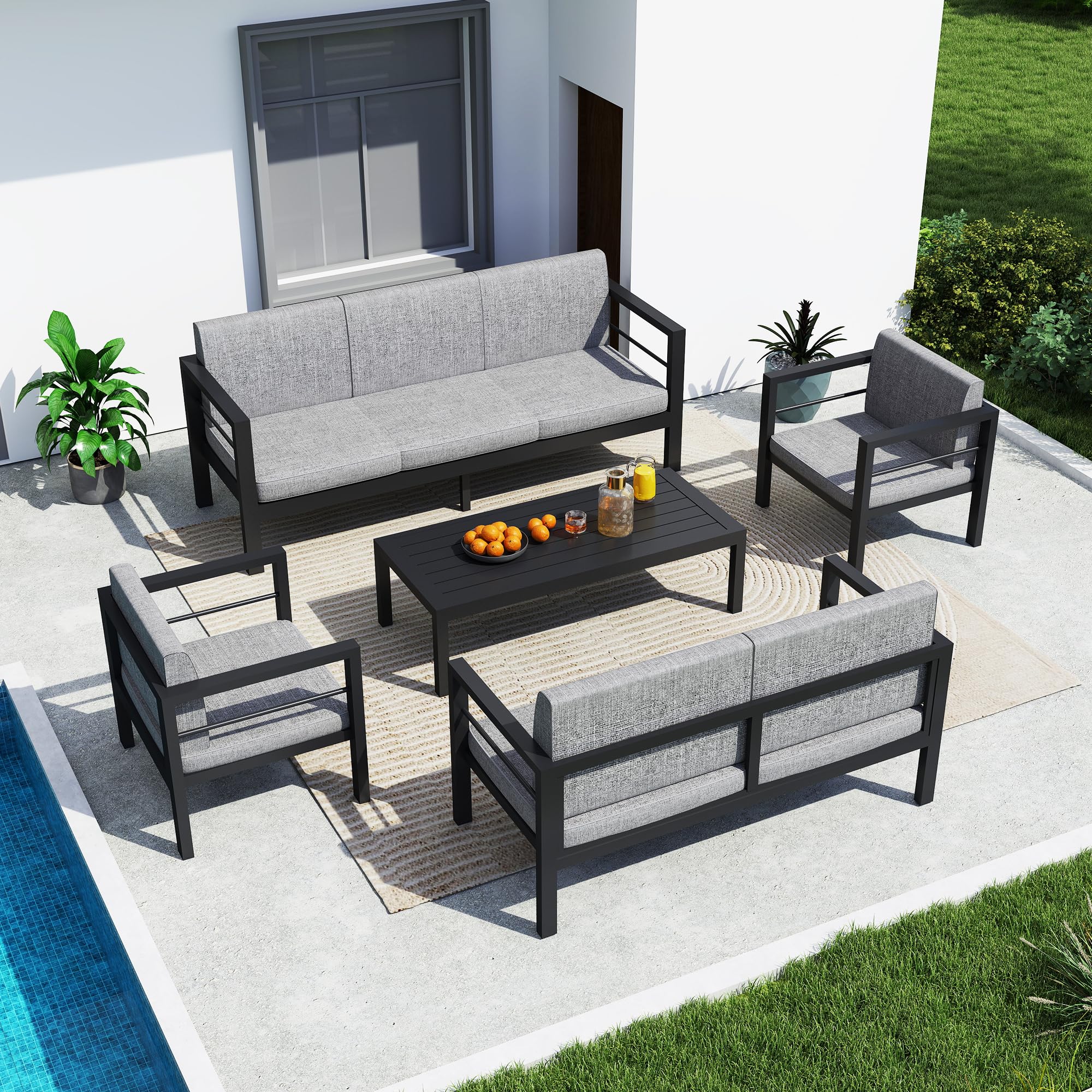 Raysfung Aluminum Patio Furniture Set, 5 Pieces Modern Conversation Set with Upgrade Cushion and Coffee Table, Outdoor Set Sectional Sofa for Garden