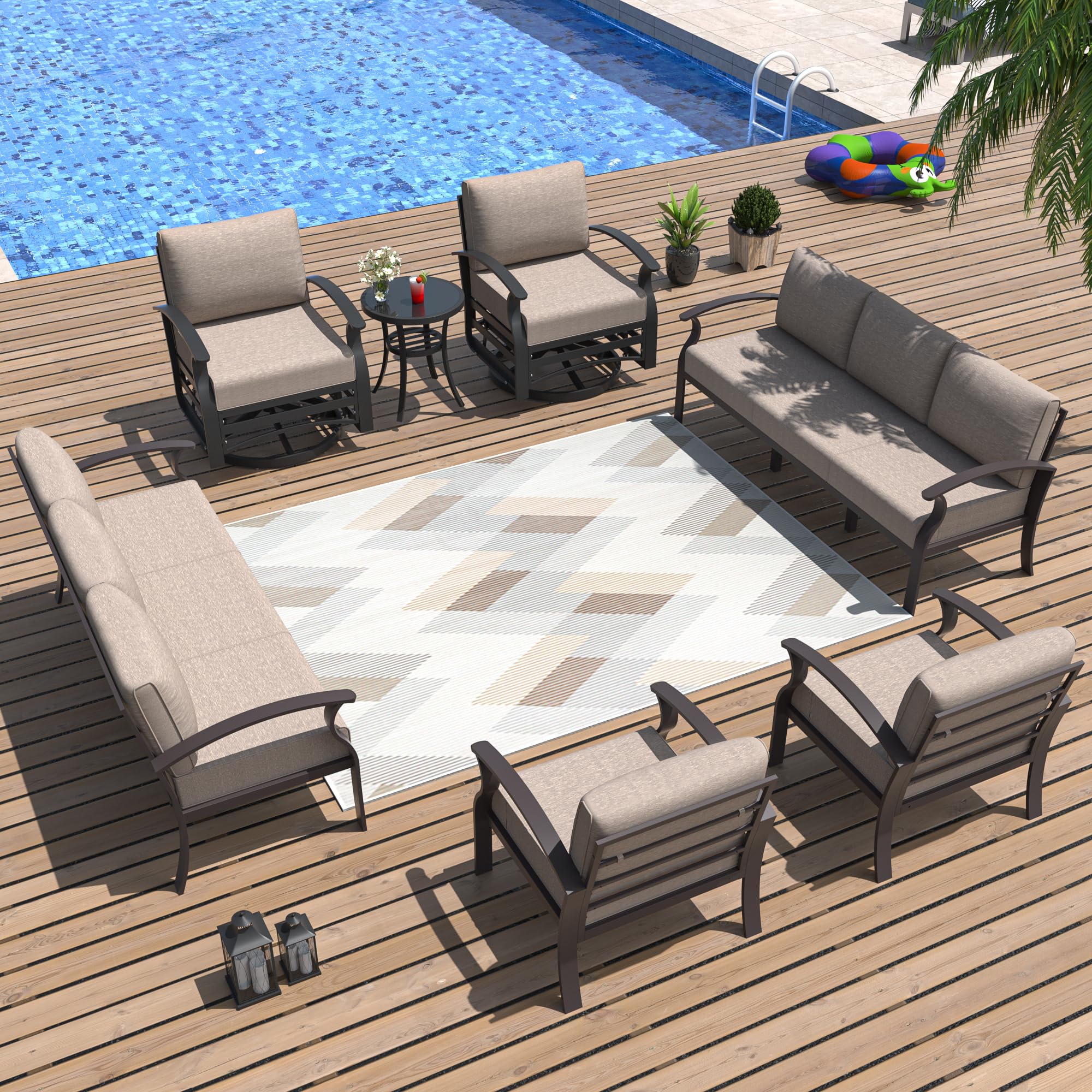 Rwnnad Patio Furniture Set 7-Piece Aluminum SectionalSofa Modern Outdoor Conversation Set 10 Seats, Outdoor Swivel Rocking Chairs with Thick Cushion, Sand