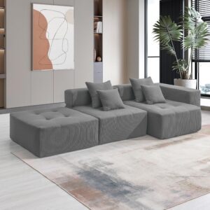 Merax 105.5'' L-Shaped Modular Sectional Sofa for 4, Minimalist Convertible Corduroy Floor Couch Set with 4 Pillows for Living Room, 3 PC Free Combination, No Assembly Required, Gray