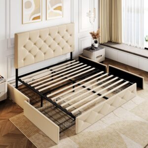 SHA CERLIN Upholstered Full Size Platform Storage Bed Frame with 4 Drawers, Adjustable Headboard with Diamond Button Tufted Design, Wooden Slat Support, No Box Spring Needed, Beige