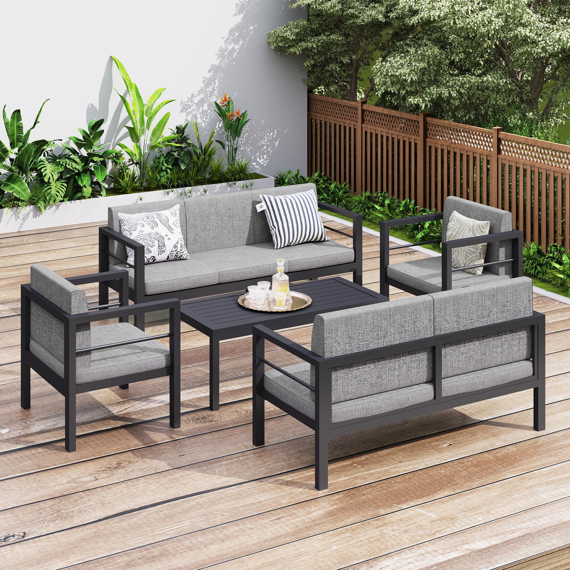 Raysfung Aluminum Patio Furniture Set, 5 Pieces Modern Conversation Set with Upgrade Cushion and Coffee Table, Outdoor Set Sectional Sofa for Garden