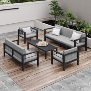 Raysfung Aluminum Patio Furniture Set, 5 Pieces Modern Conversation Set with Upgrade Cushion and Coffee Table, Outdoor Set Sectional Sofa for Garden