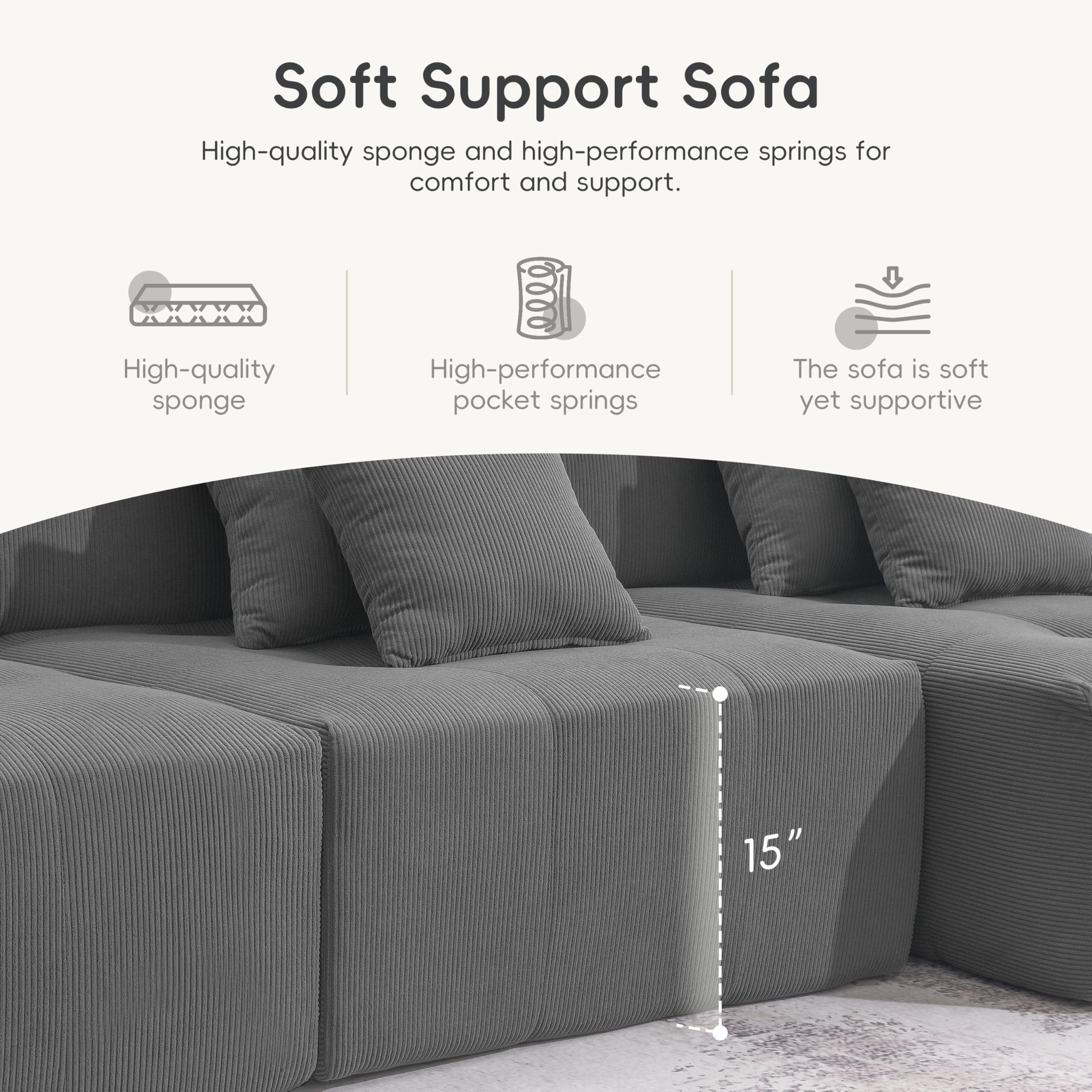 Merax 105.5'' L-Shaped Modular Sectional Sofa for 4, Minimalist Convertible Corduroy Floor Couch Set with 4 Pillows for Living Room, 3 PC Free Combination, No Assembly Required, Gray