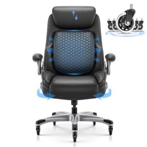 Office Chair Ergonomic Desk Chair with Pop-Out Lumbar Support, High Back Executive Chair, Upgraded Casters, Adjustable Headrest, Flip-Up Arms, Leather Home Chair with Thick Cushion for Comfort-Black