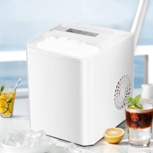 ice maker, portable countertop icemaker machine, self cleaning quiet 2 sizes bullet cubes makers, 9 cubes in 6 mins, 26lbs/24hrs with ice scoop, basket for home kitchen party