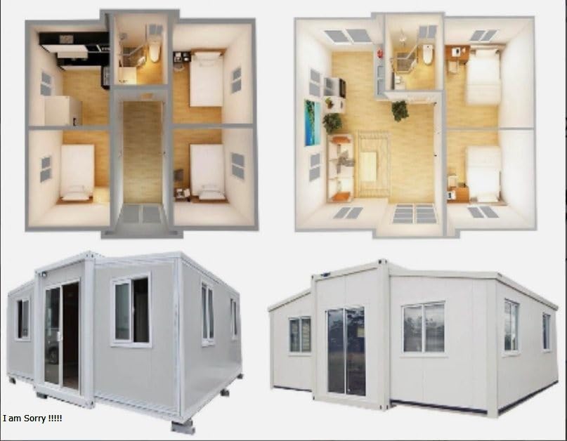 20ft Portable Prefabricated Tiny Mobile Home, Mobile Expandable Prefab House, 2 Bedrooms 1 Bathroom, Living & Kitchen,Spacious, Waterproof Expandable Container Houses