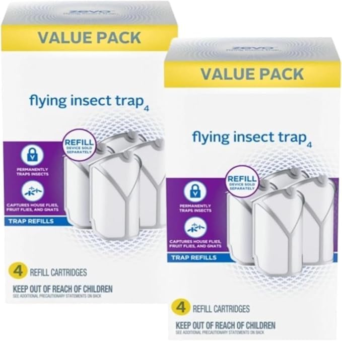 Zevo Flying Insect Trap for Indoors: Light Trap Captures Fruit Flies, Gnats and Houseflies (8 Refill Cartridges Pack)