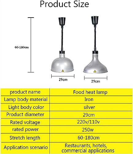 LINKANRUO Food Heat Lamp Commercial Food Warmer, Buffet Heating Lamp for Keep Food Warm, Food Heat Pendant Light for Food Service Restaurant Kitchen, 60-180Cm Retractable Food Heating Lamp, Silver (Si