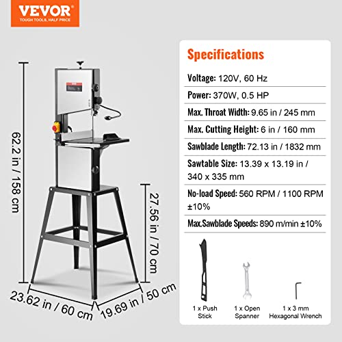 VEVOR Benchtop Band Saw, 10-Inch, Dual-Speed (560 & 1100 RPM), 370W 1/2HP Motor, Includes Metal Stand, Work Light, Fence, and Miter Gauge for Wood, Aluminum, Plastic Crafting