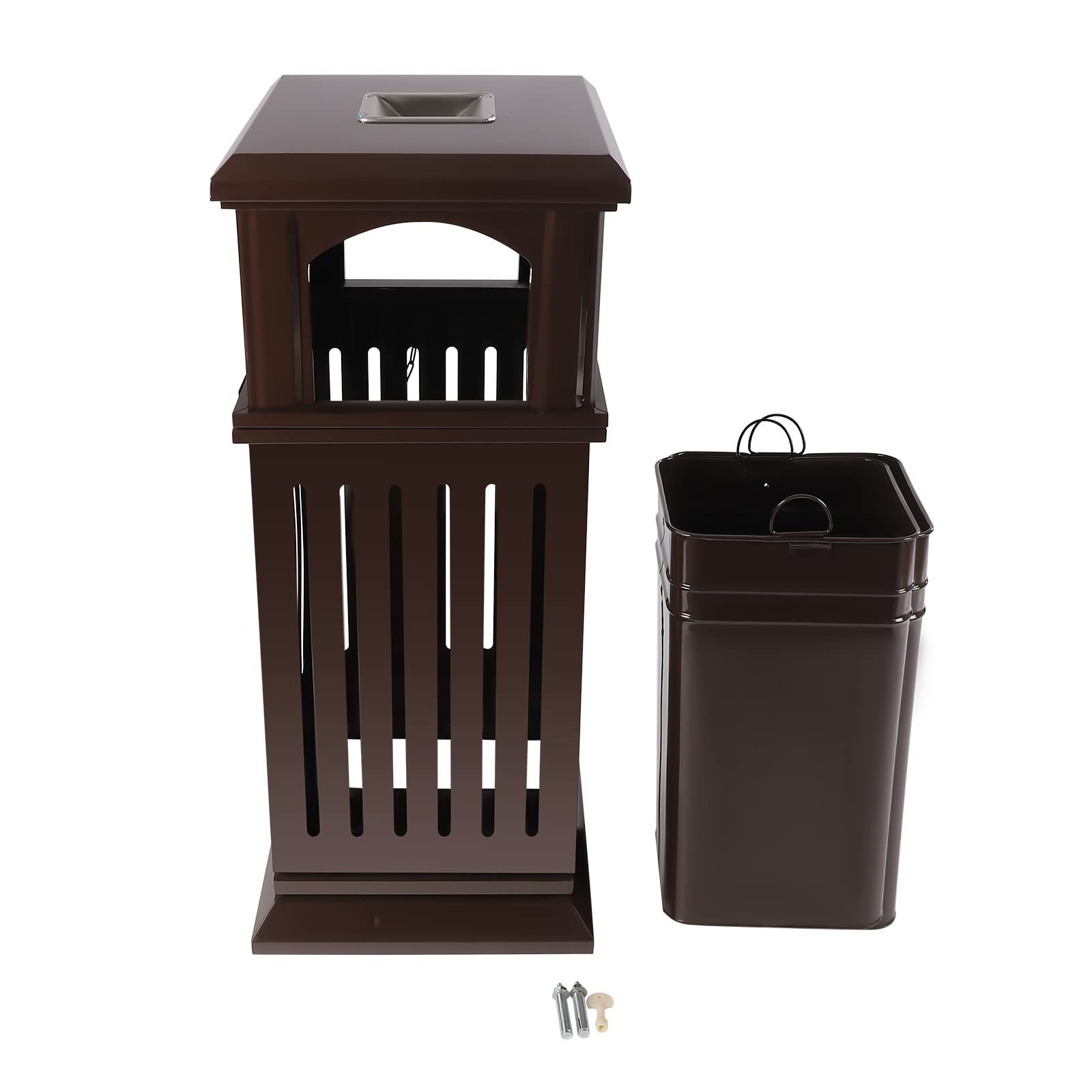 YUMIONB Garbage Can, 15.8'' L x 15.8'' W x 35.5'' H Commercial Garbage Cans Industrial Garbage Cans Locking Trash Can Outdoor Garbage Can with Lid Large Trash Can for Courtyards, Parks (Brown)