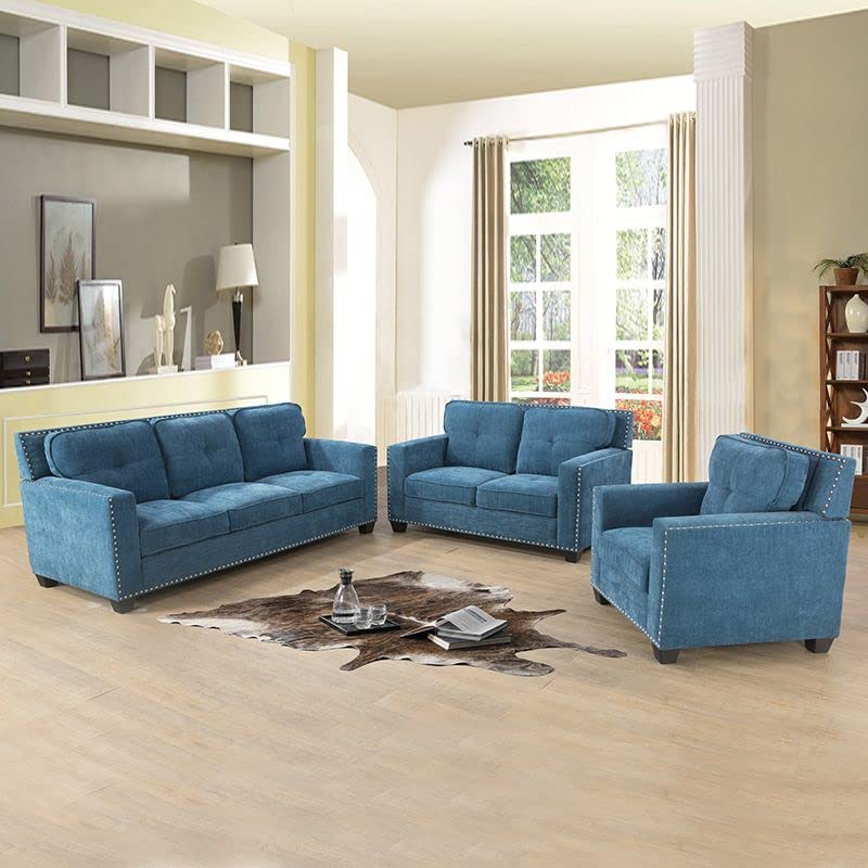 XRYZHC 1+2+3 Modular Sofa Set,Blue Linen 3-Piece Living Room Sofa Set, Including Single Chair, Loveseat, 3-Person Sofa,Rectangular Armrests,Rivet Decoration