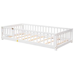 PVWIIK Twin Size Montessori Floor Bed Frame with Convertible Door & Wood Slats for Kids,Wood Montessori Bed with Safety Guardrails for Girls & Boys,White