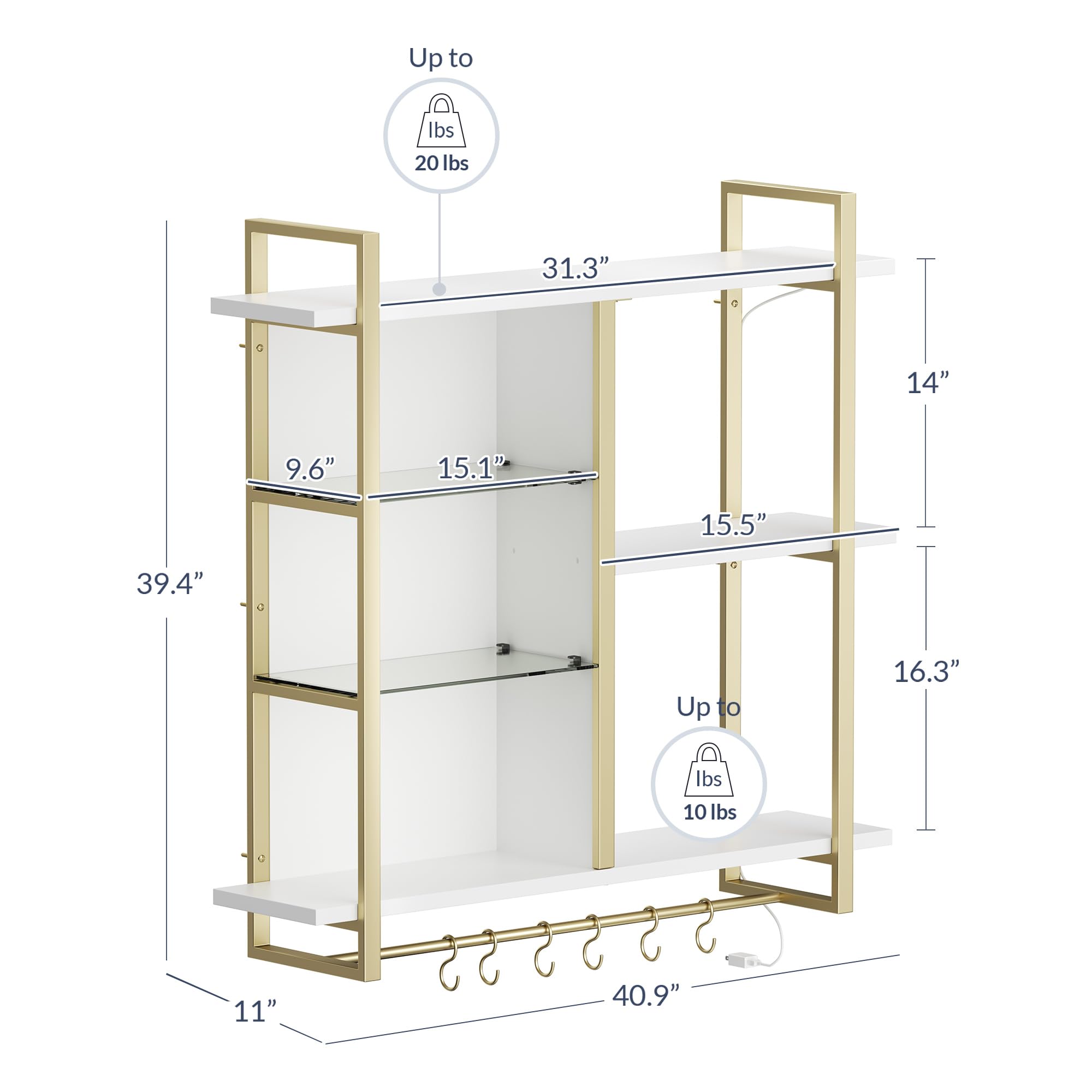 BELLEZE Gaming Floating Shelves, 40" LED Display Shelves Wall Mounted 4 Tier Storage Rack, Wooden Hanging Shelf with 6 Hooks, Wine Coffee Bar Rack for Kitchen Organization and Home Decor