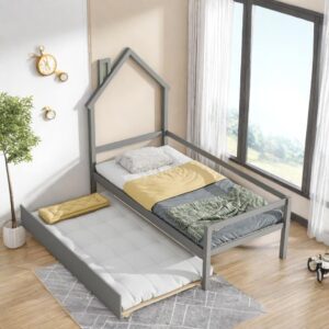 ChicFurnit Twin Size Bed Frame, Wooden Day Bed with House-Shaped Headboard, Platform Bed Frame with Pull-out Trundle & Guardrail for Kids, Floor Bed Frame for Living Room, Bedroom and Guest Room, Grey