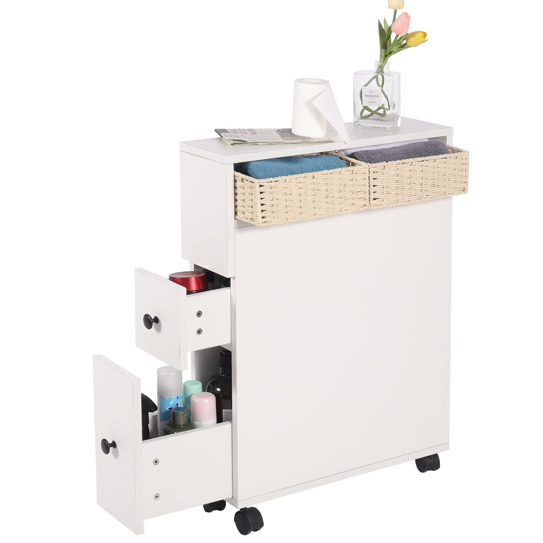 ALAPUR Movable Slim Bathroom Storage Cabinet with Wheels and Drawers, 6" W Narrow Toilet Paper Holder, Free Standing Bathroom Organizer for Small Spaces, White