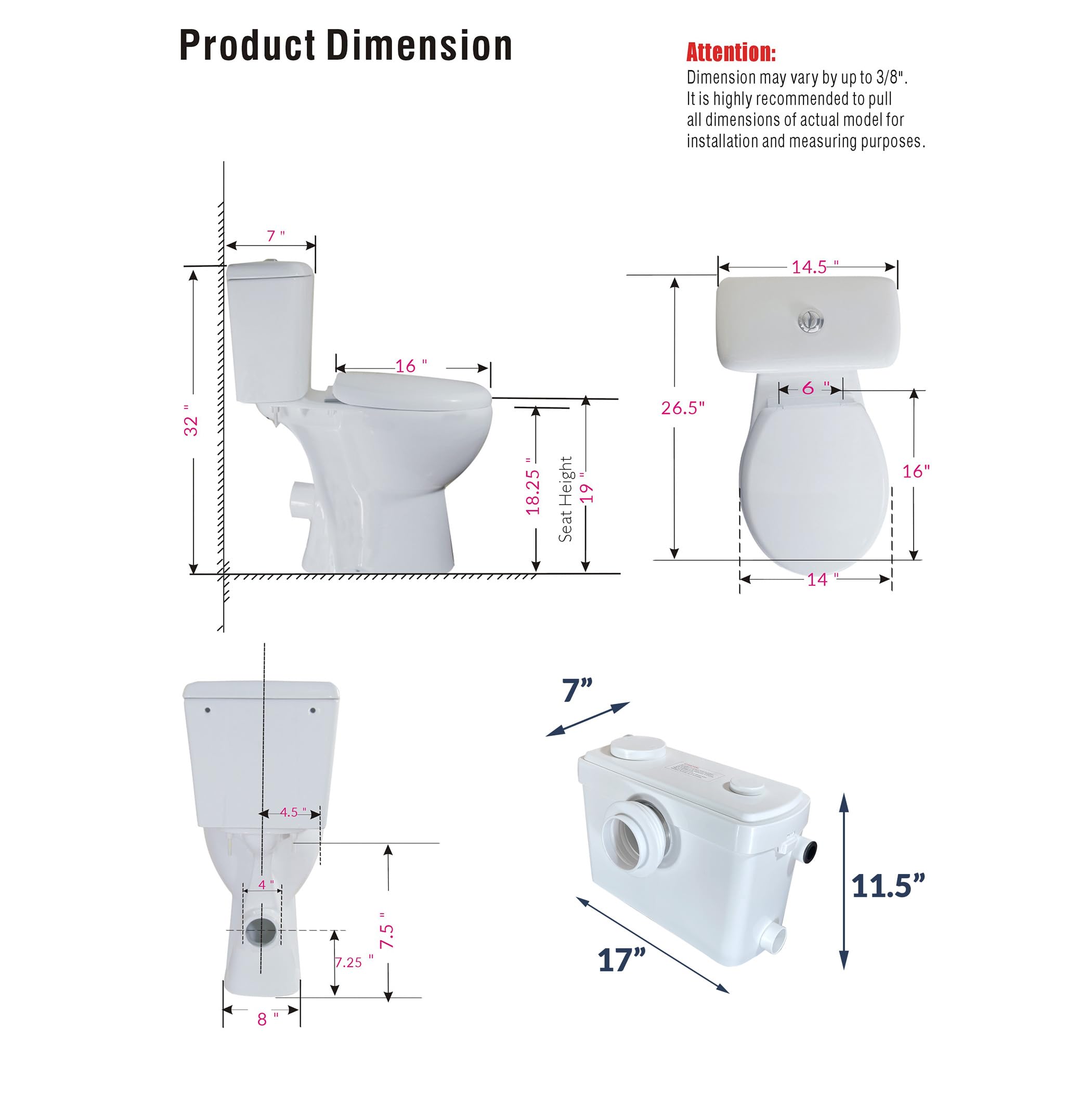 WinZo 750W Macerator Pump Toilet Upflush System for Basement Extra Tall 19" Comfort Bowl With Dual Flush Toilet Tank & Pump for Sink, Toilet, Bathtub, White