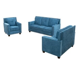 XRYZHC 1+2+3 Modular Sofa Set,Blue Linen 3-Piece Living Room Sofa Set, Including Single Chair, Loveseat, 3-Person Sofa,Rectangular Armrests,Rivet Decoration