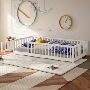 pvwiik twin size montessori floor bed frame with convertible door & wood slats for kids,wood montessori bed with safety guardrails for girls & boys,white