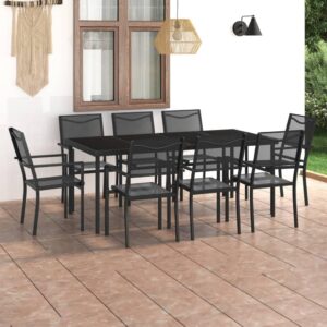 vidaXL Outdoor Garden Dining Set, 9-Piece Patio Furniture Steel Frame with Glass Tabletop and Textilene Upholstered Chairs – Black and Anthracite Color, Assembly Required