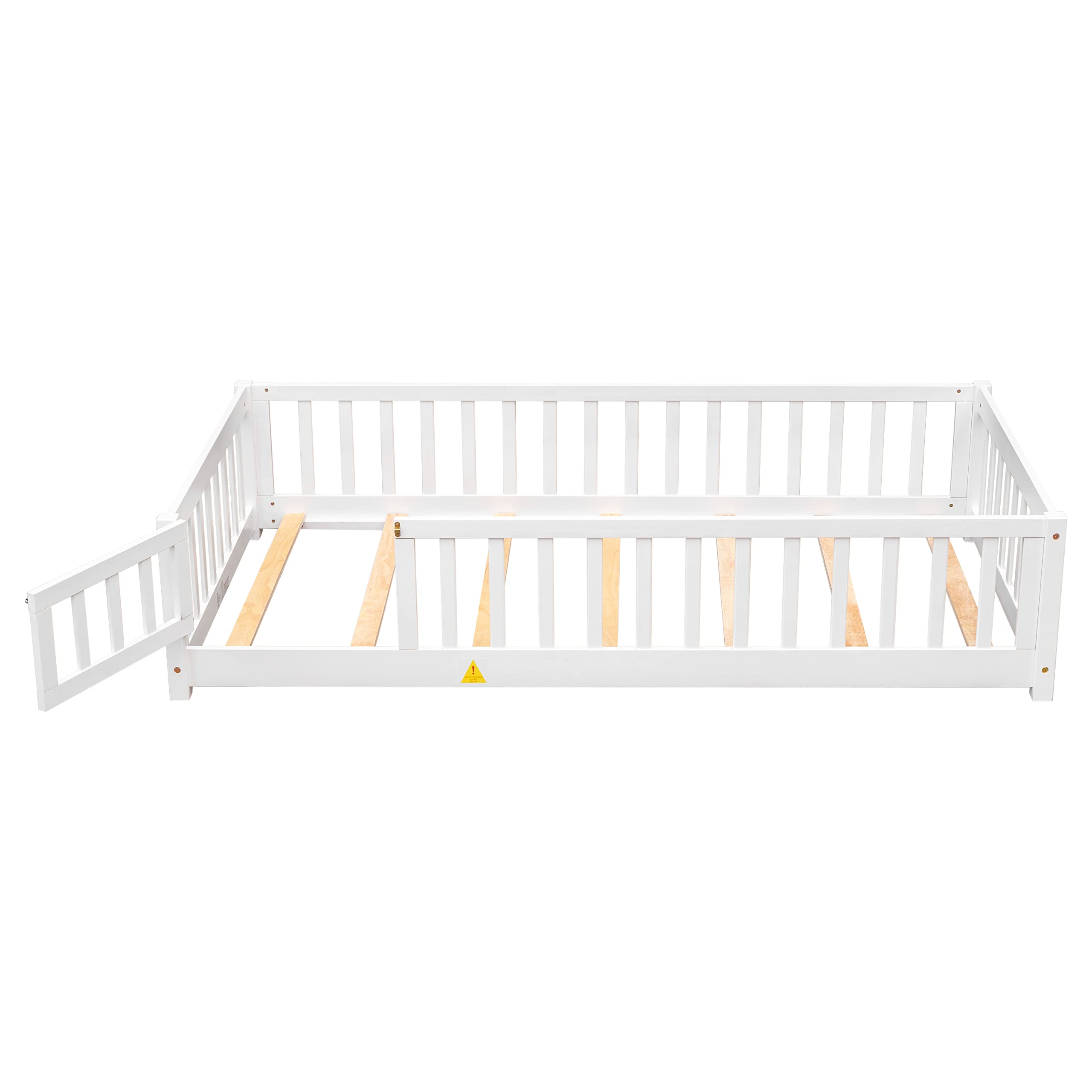 PVWIIK Twin Size Montessori Floor Bed Frame with Convertible Door & Wood Slats for Kids,Wood Montessori Bed with Safety Guardrails for Girls & Boys,White