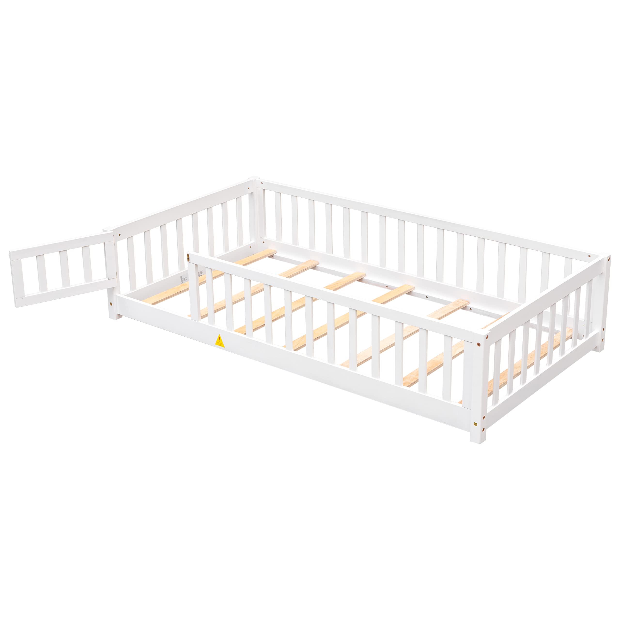 PVWIIK Twin Size Montessori Floor Bed Frame with Convertible Door & Wood Slats for Kids,Wood Montessori Bed with Safety Guardrails for Girls & Boys,White