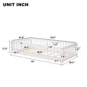 PVWIIK Twin Size Montessori Floor Bed Frame with Convertible Door & Wood Slats for Kids,Wood Montessori Bed with Safety Guardrails for Girls & Boys,White