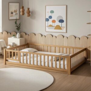 pvwiik full size montessori floor bed frame with convertible door & wood slats for kids,wood montessori bed with safety guardrails for girls & boys,natural