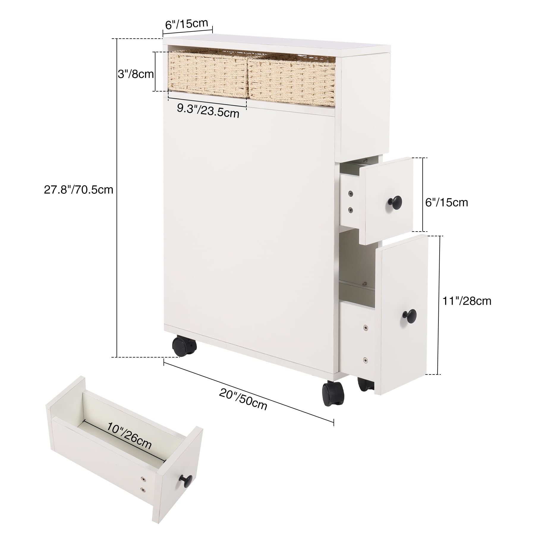 ALAPUR Movable Slim Bathroom Storage Cabinet with Wheels and Drawers, 6" W Narrow Toilet Paper Holder, Free Standing Bathroom Organizer for Small Spaces, White