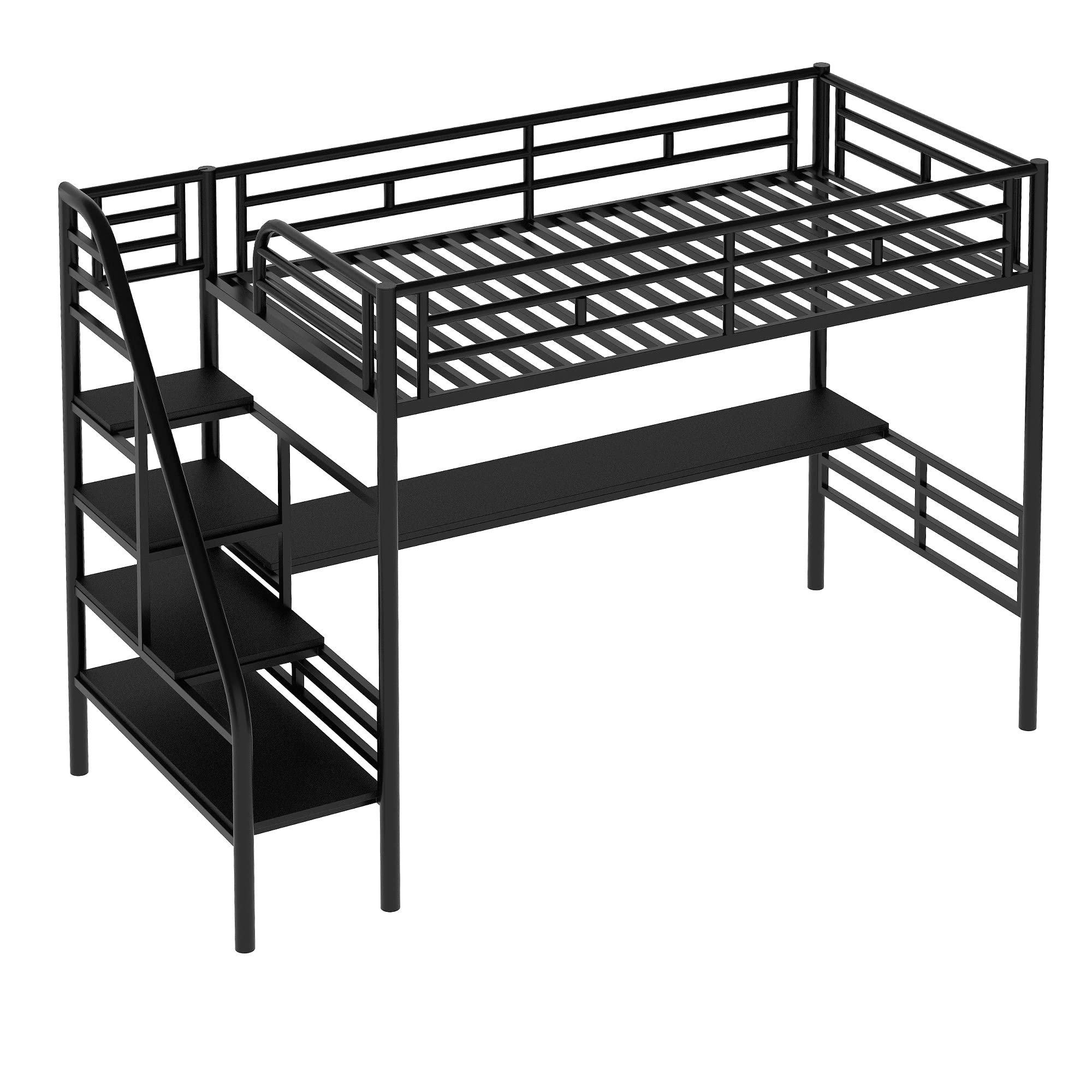 Twin Loft Bed with Desk and Storage Stairs, Heavy Duty Loft Bed with Atairs and Full-Length Guardrail, Twin Loft Bed for Kids, Teens(Black Loft Bed Twin Size)