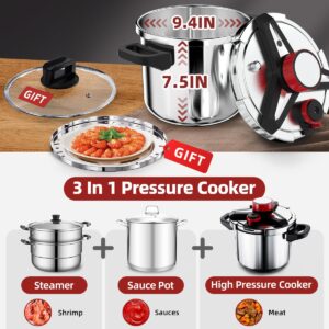 3-In-1 304 Stainless Steel Pressure Cooker 8 QT: [Explosion-Proof] [3 PSI Settings], One-Hand Locking, Induction Compatible, Glass Lid & Steamer Rack Included, Olla de Presion