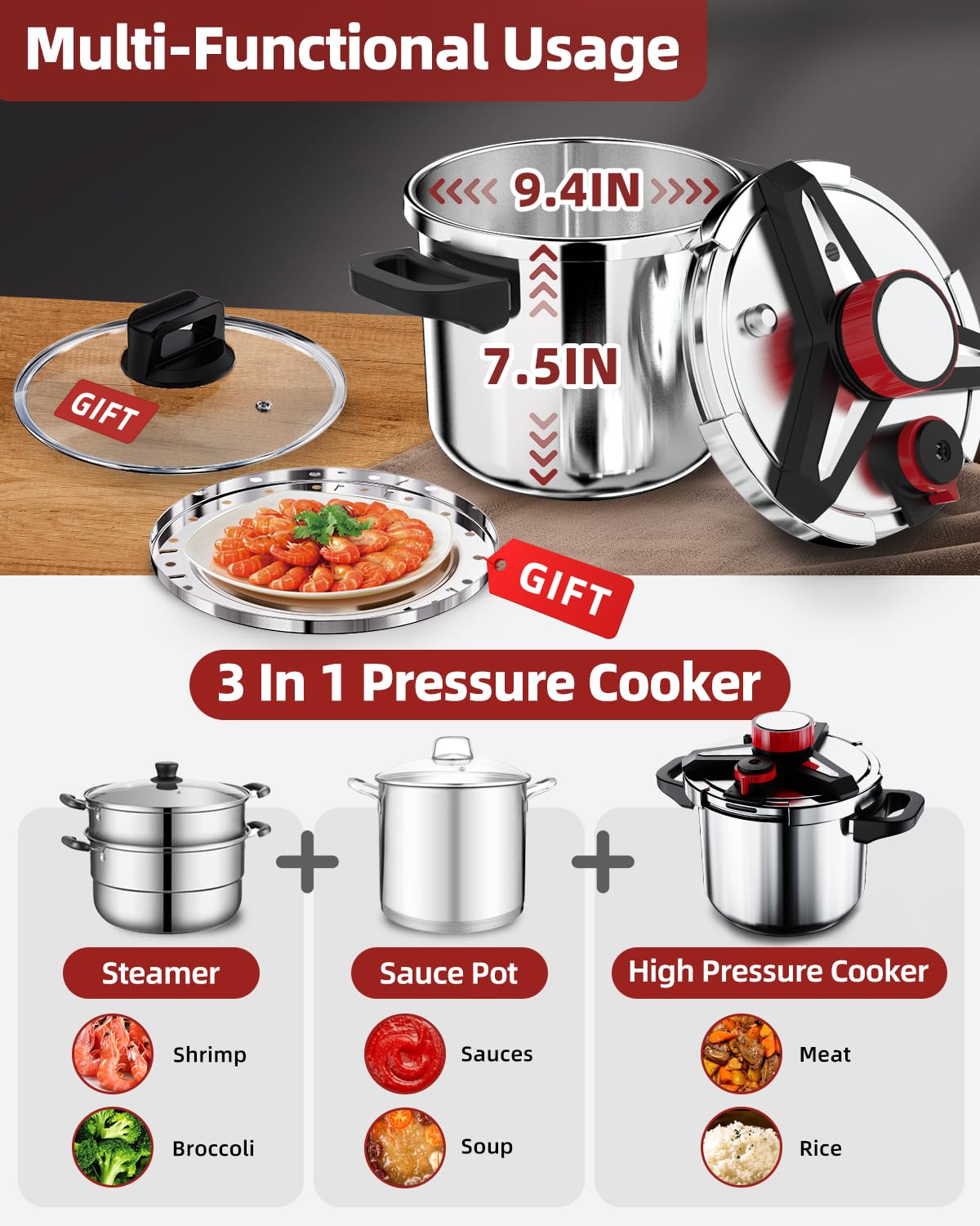 3-In-1 304 Stainless Steel Pressure Cooker 8 QT: [Explosion-Proof] [3 PSI Settings], One-Hand Locking, Induction Compatible, Glass Lid & Steamer Rack Included, Olla de Presion