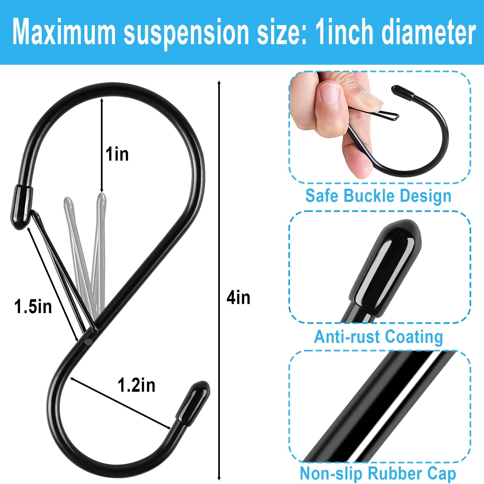 4 Inch S Hooks for Hanging with Safety Buckle, 10 Pcs Heavy Duty Metal S Hooks with Stopper Non Slip, Closet Hooks for Hanging Plants, Clothes, Kitchen Utensil, Pots, Pans, Bags (Black)