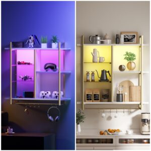 BELLEZE Gaming Floating Shelves, 40" LED Display Shelves Wall Mounted 4 Tier Storage Rack, Wooden Hanging Shelf with 6 Hooks, Wine Coffee Bar Rack for Kitchen Organization and Home Decor