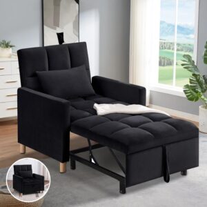 sumkea 70'' convertible chair bed, extra long teddy fabric single pull out sofa bed, 4 in 1 adult sleeping chair, recliner chair with pillow, adjustable backrest, black