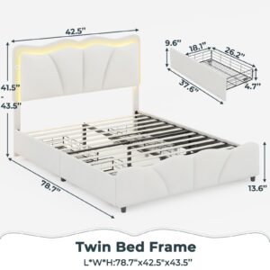 AOGLLATI Twin Bed Frame with 4 Storage Drawers & Charging Station,Upholstered Led Flower Twin Bed with Adjustable Headboard and Strong Wood Slat Support,No Spring Box Needed, Beige