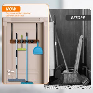 UKQRRTC Broom Mop Holder Over The Door 4 Slots Broom Storage Rack with 2 Hooks Drilling Free Mop Broom Organizer for Laundry Room Garage Kitchen Bathroom