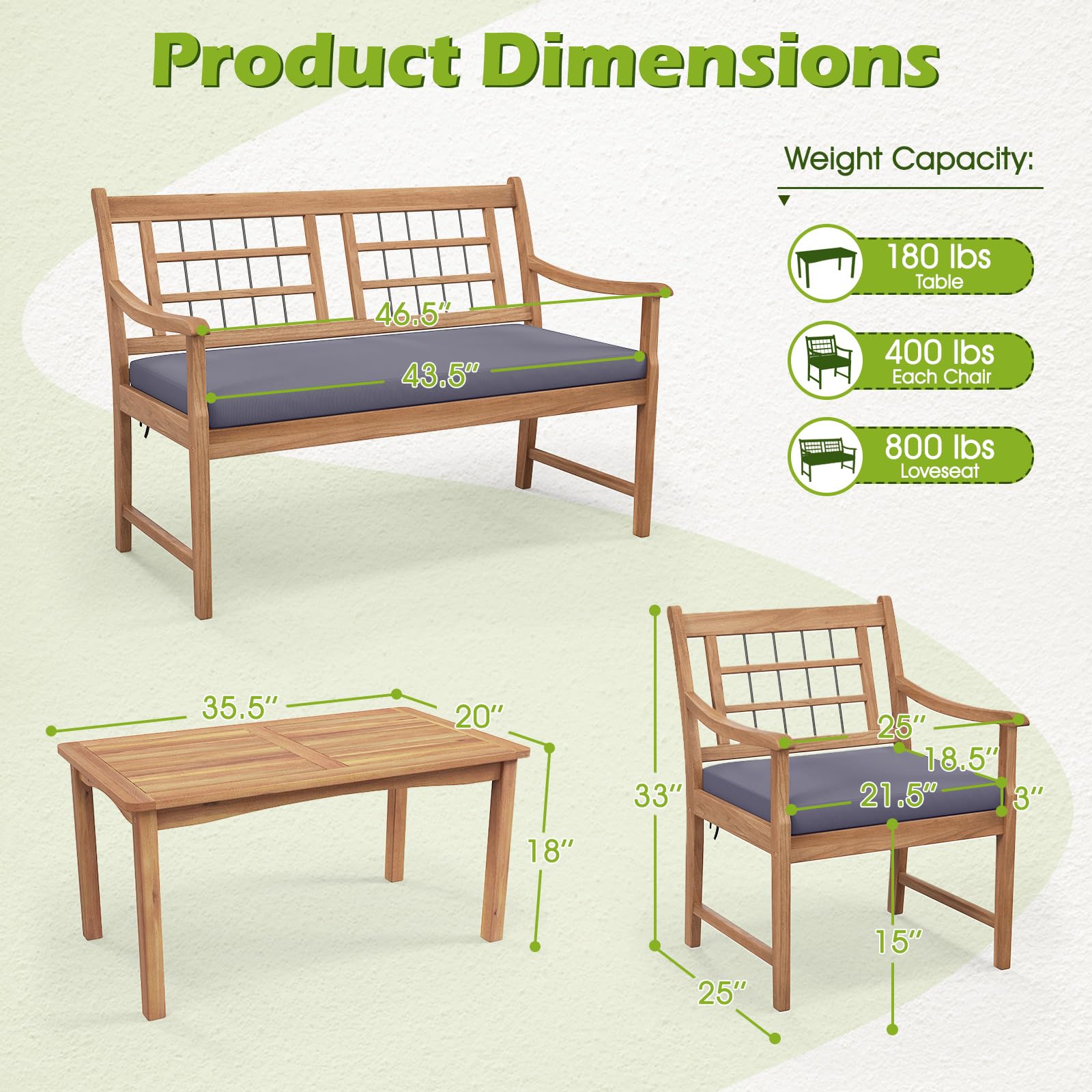 RELAX4LIFE Wood Patio Furniture Set - 4-Piece Outdoor Furniture w/Seat Cushions & Coffee Table, Loveseat Sofa Set for Balcony Porch Deck Poolside Backyard, Acacia Wood Conversation Set (Grey)