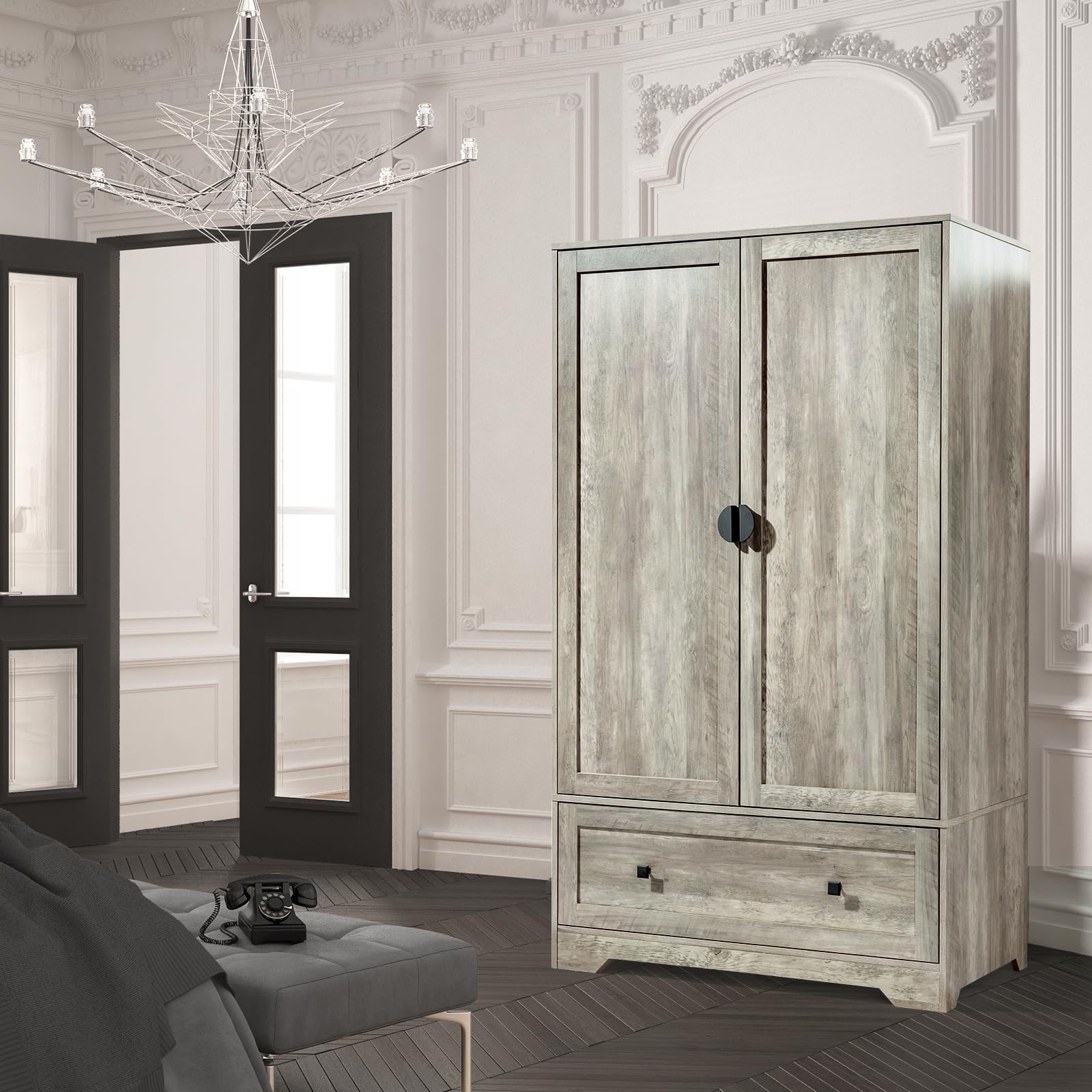 Bonnlo 38" Wide Armoire Wardrobe Closet with Hanging Rod, Adjustable Shelves and Drawer, Freestanding Wardrobe Closet with Doors, Bedroom Armoires and Wardrobes, Rustic Grey, 38" W x 20.5" D x 65" H