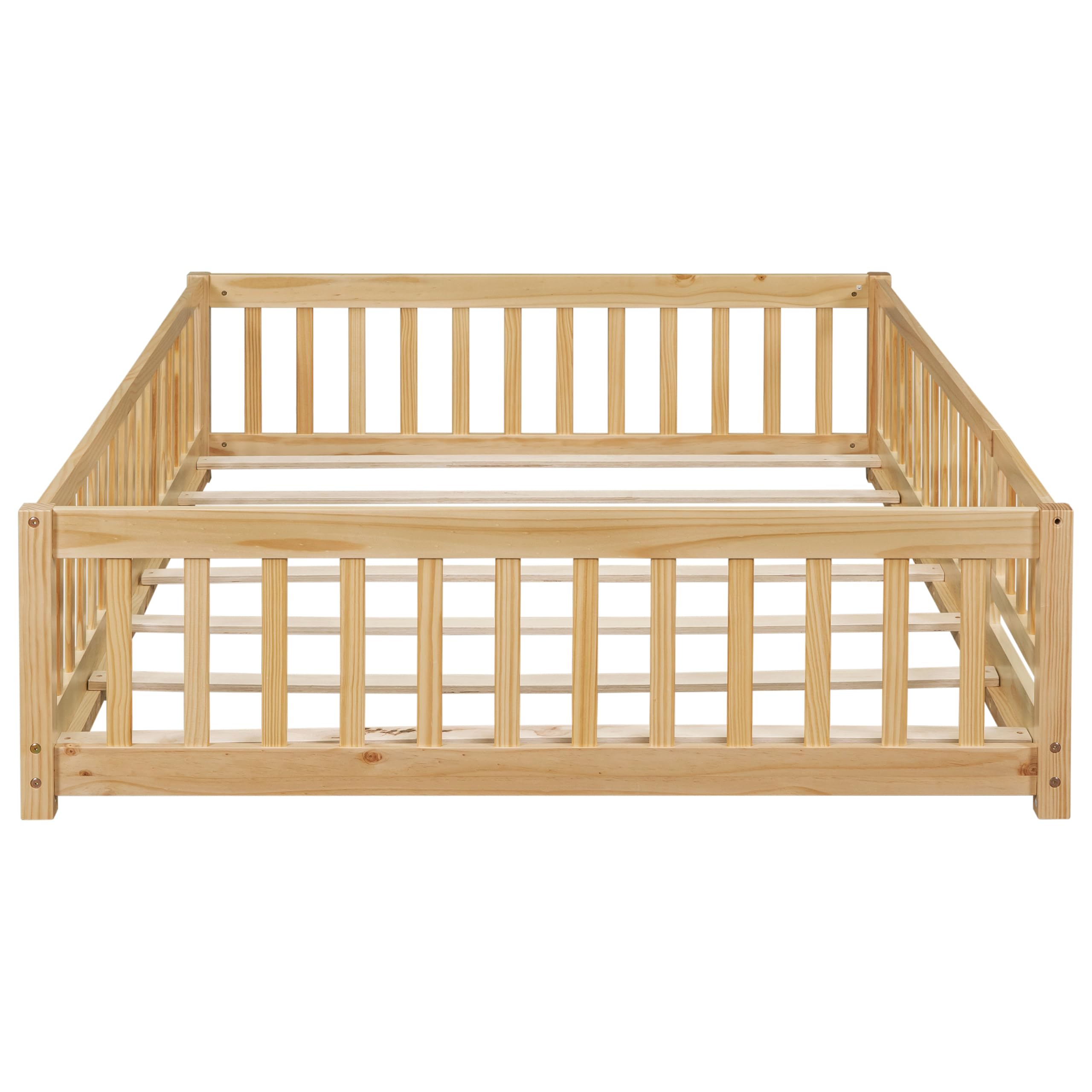 PVWIIK Full Size Montessori Floor Bed Frame with Convertible Door & Wood Slats for Kids,Wood Montessori Bed with Safety Guardrails for Girls & Boys,Natural