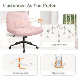 Orange Factory Criss Cross Chair with Wheels, Armless Cross Legged Office Desk Chair, Wide Comfy Vanity Rolling Swivel Modern Comfortable Fabric Computer Task Chairs for Home Office (Pink)