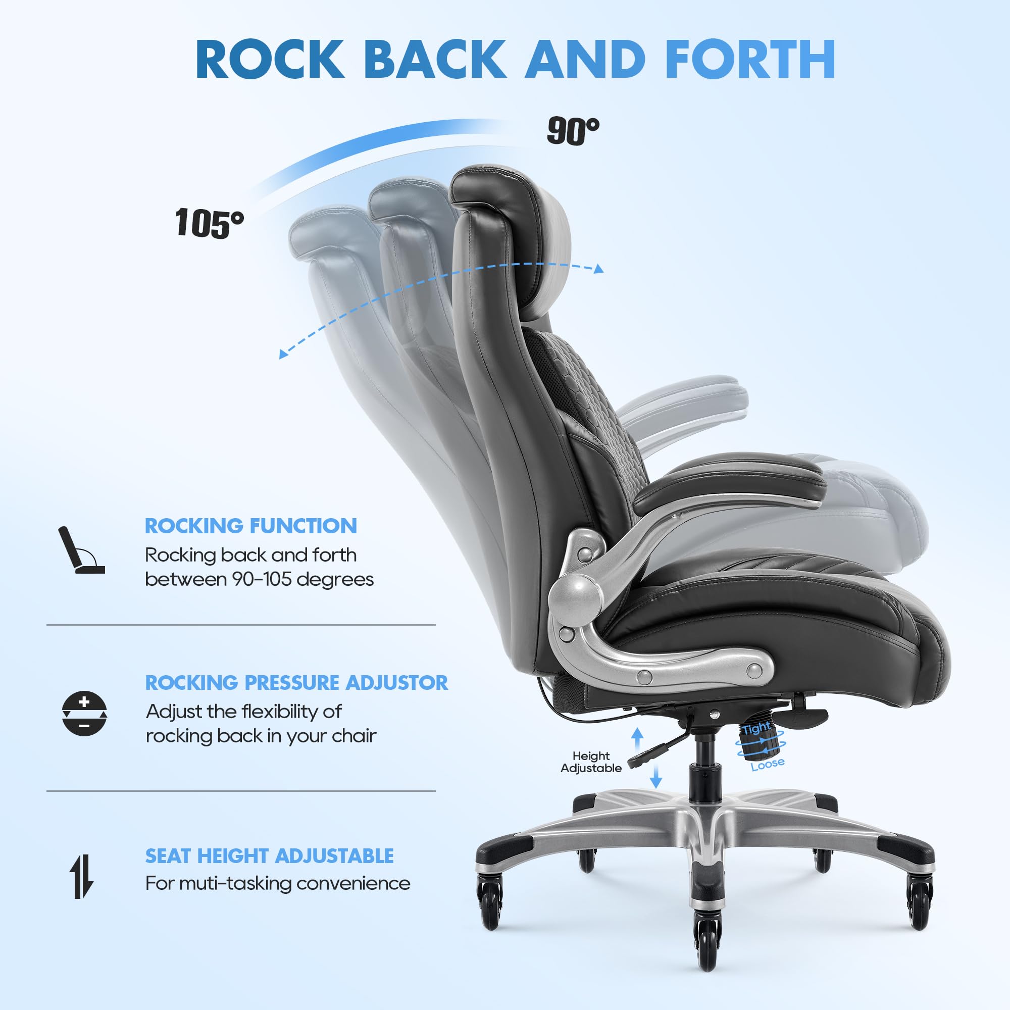 Office Chair Ergonomic Desk Chair with Pop-Out Lumbar Support, High Back Executive Chair, Upgraded Casters, Adjustable Headrest, Flip-Up Arms, Leather Home Chair with Thick Cushion for Comfort-Black